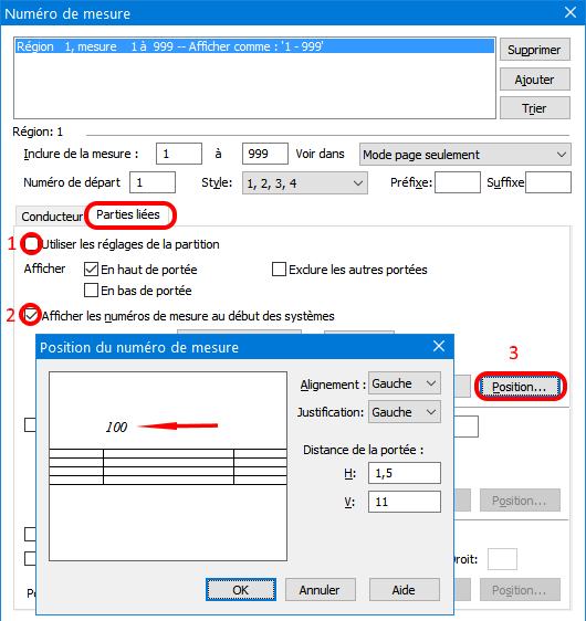 Ajuster la position des numéros de mesures dans une partie avec le plug ...